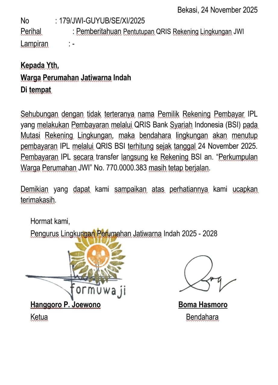 Pengumuman Penutupan Pembayaran IPL JWI melalui QRIS - Jatiwarna Indah